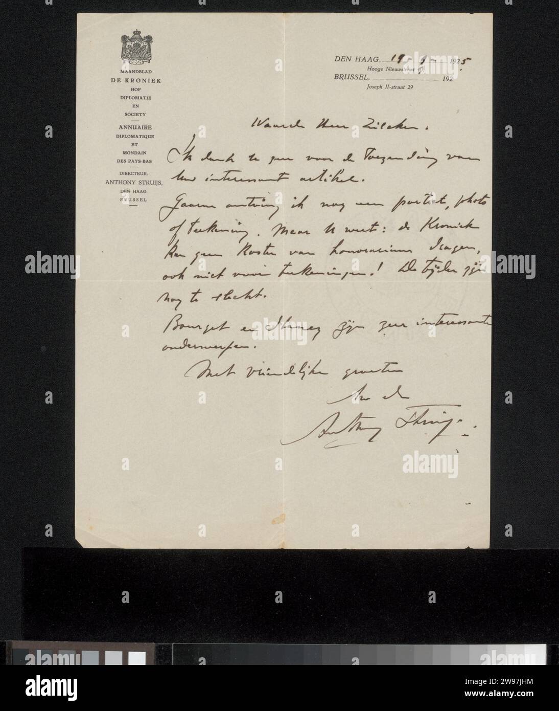 Letter to Philip Zilcken, De Kroniek van Alberts, Anthony Struys, 1925 ...