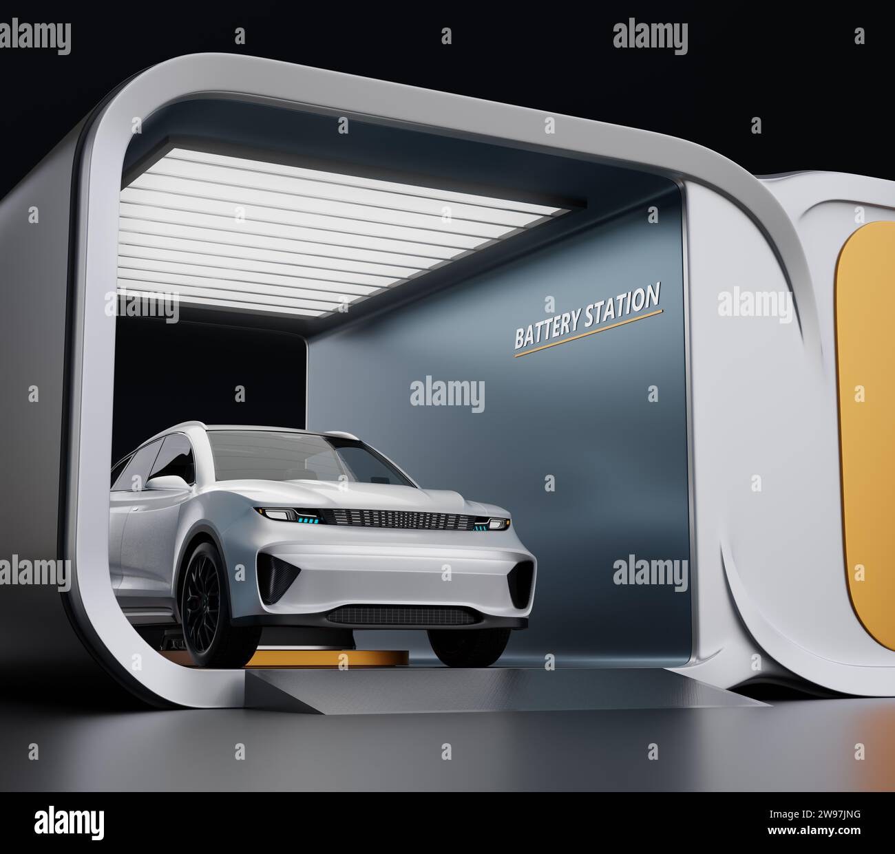 Close-up view of white Electric SUV swapping battery pack in the ...