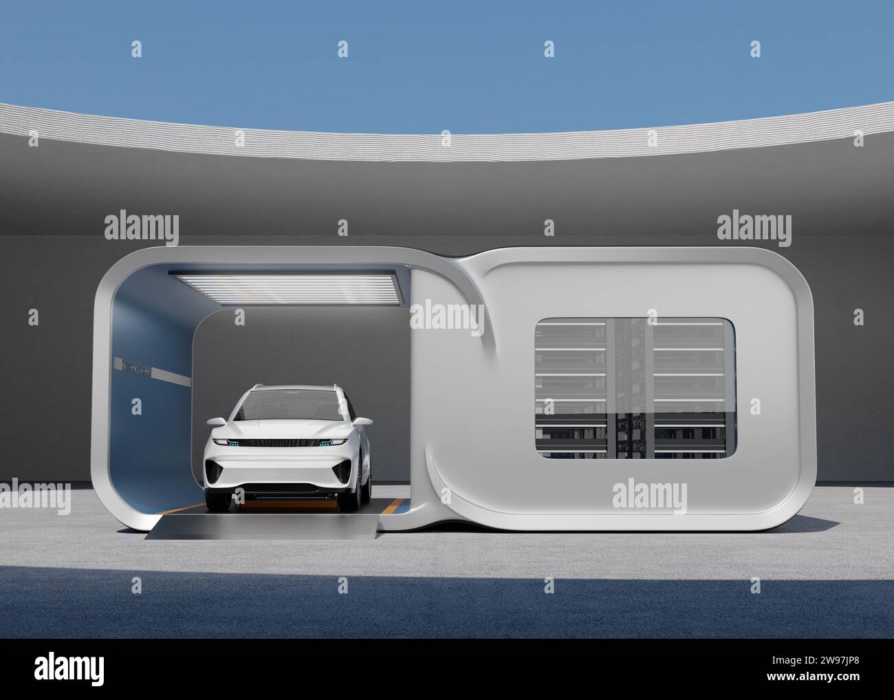 Front view of White Electric SUV swapping battery pack in the Battery ...