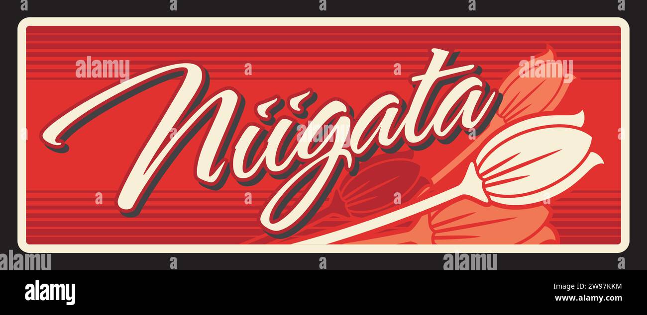 Niigata tin sign, Japan vector plate with tulip flower. Japanese region ...