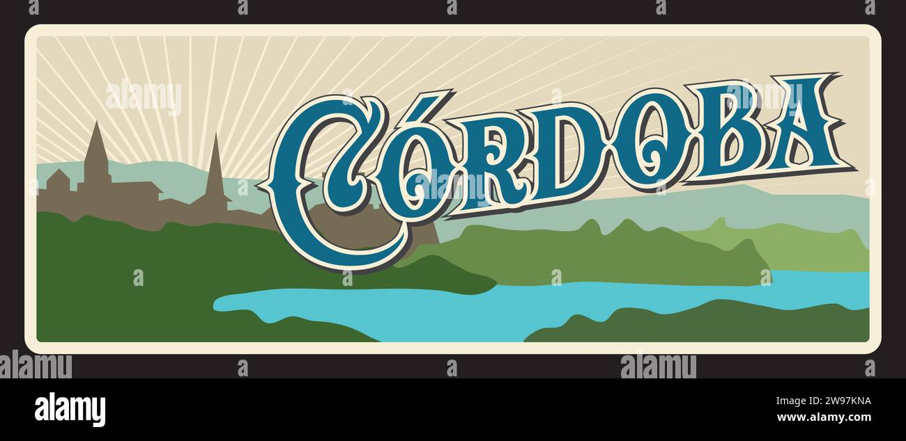 Spain Cordoba travel plate with scenery landmark, metal sign, vector ...