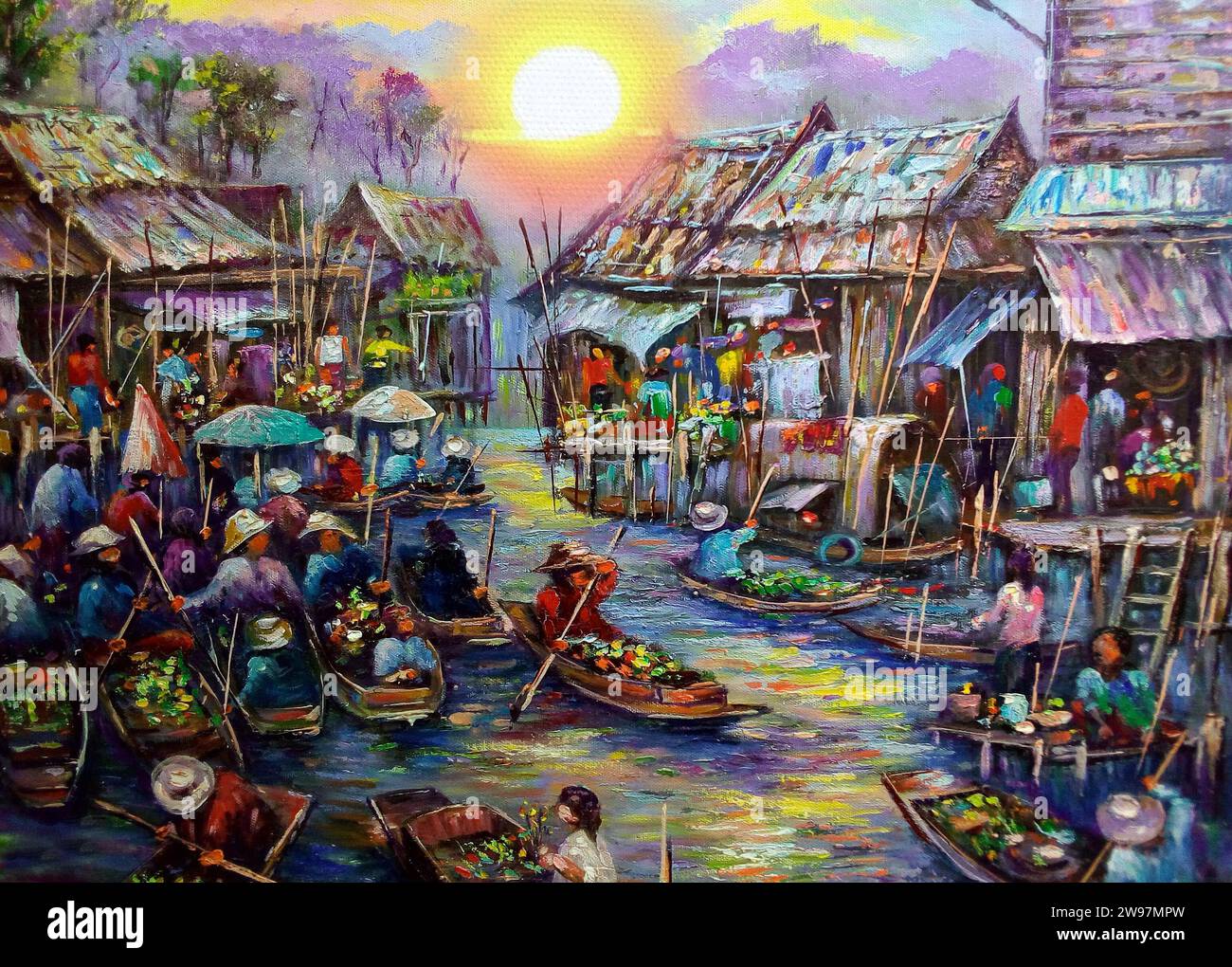 Original art painting Oil color Floating market Thailand countryside ...