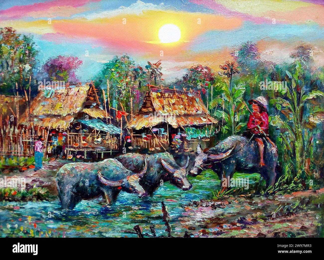 Art painting Oil color Hut northeast rural thailand , buffalo , plowman ...