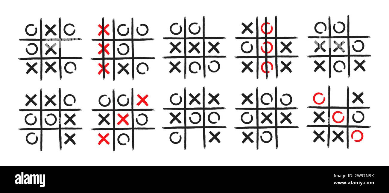 Tic Tac Toe Xo Game Hand Drawn Grid Doodle Template Vector Illustration Set Isolated On White