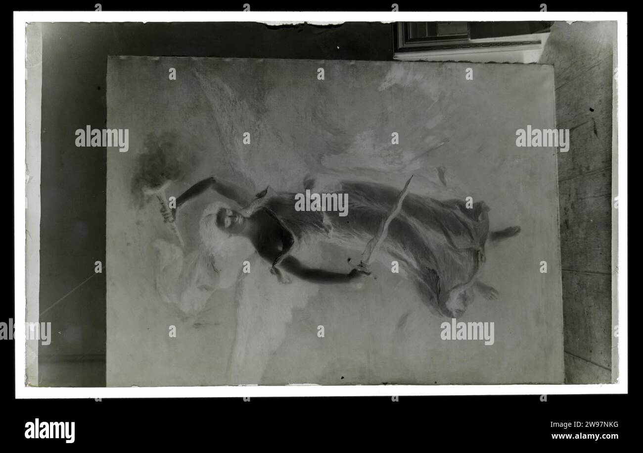 Photo production of a painting by an angel with burning torch and sword ...