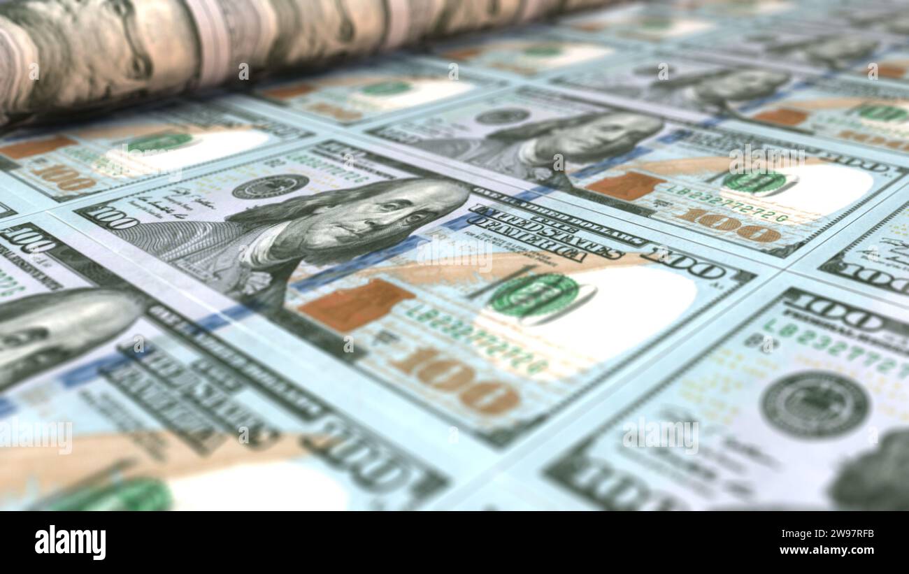 closeup of 100 USA dollars banknotes are being printed by currency ...