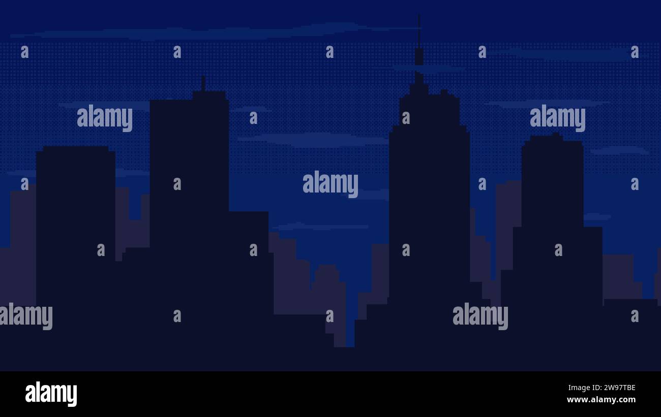 Night time cityscape pixel background. High buildings silhouette with ...
