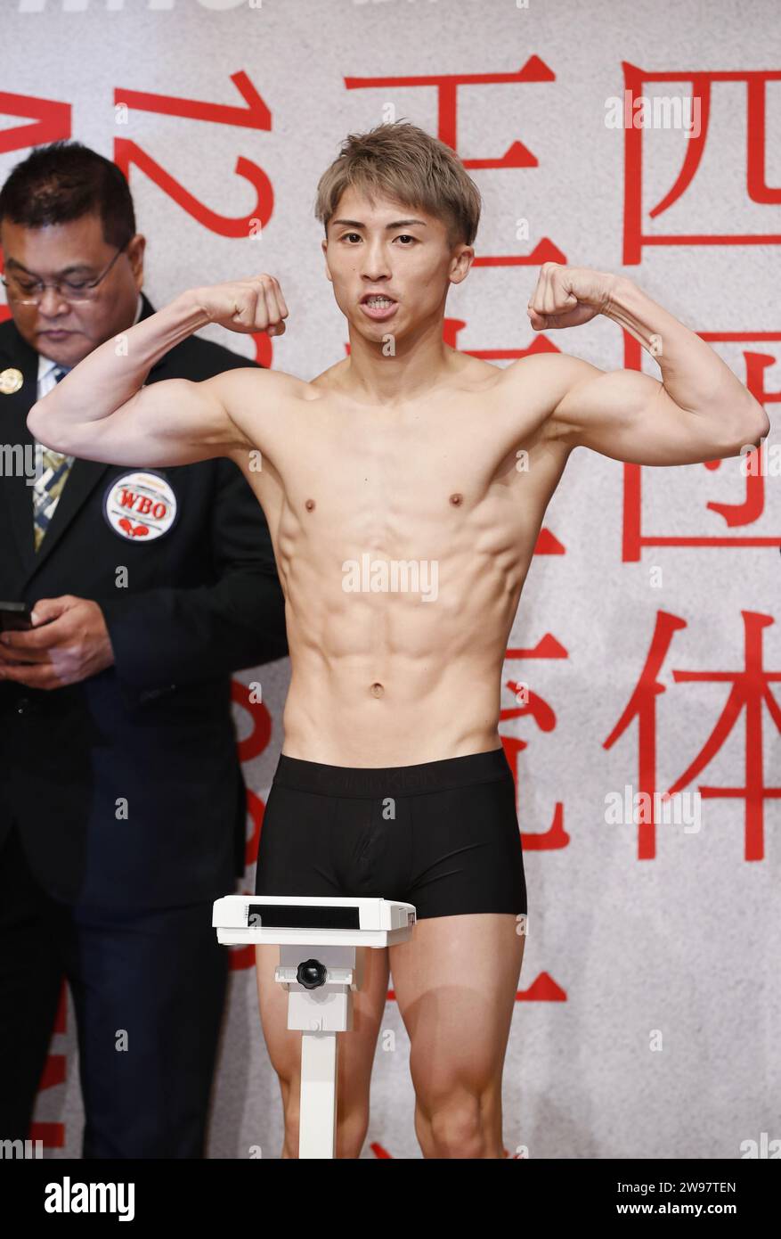 Japanese boxer Naoya Inoue poses after weighing in on the eve of his ...