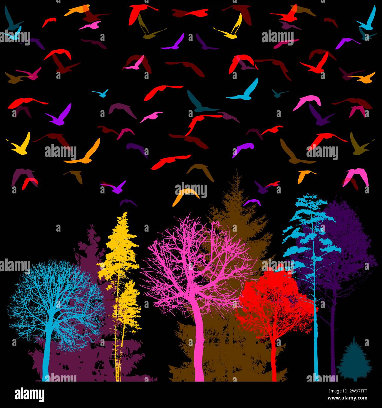 Colored birds and trees in the park at night. hand drawing. Not AI ...