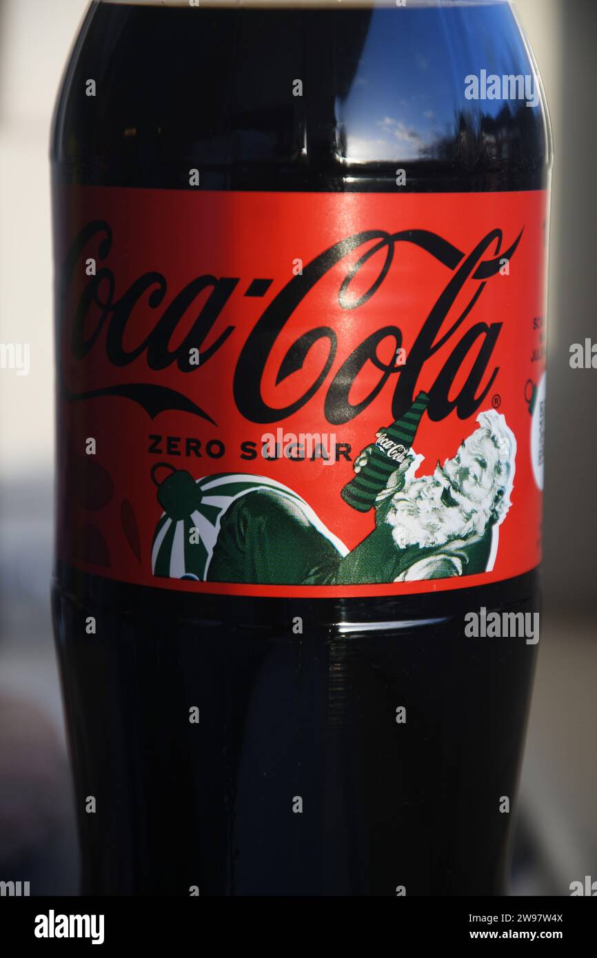 Copenhagen, Denmark /25 Decemberr 2023/.Coca cola sero sugar bottle in ...