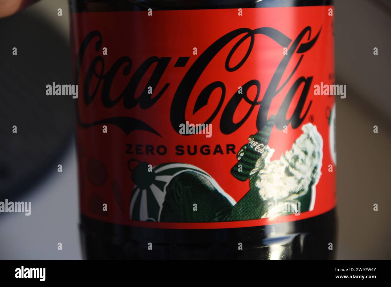 Copenhagen, Denmark /25 Decemberr 2023/.Coca cola sero sugar bottle in ...