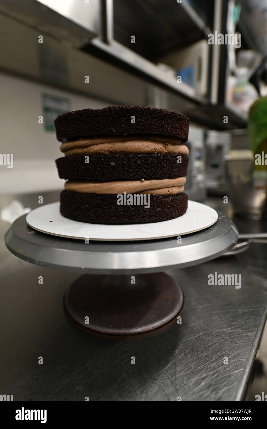 layered dark chocolate frosted cake and cream preparation in ...