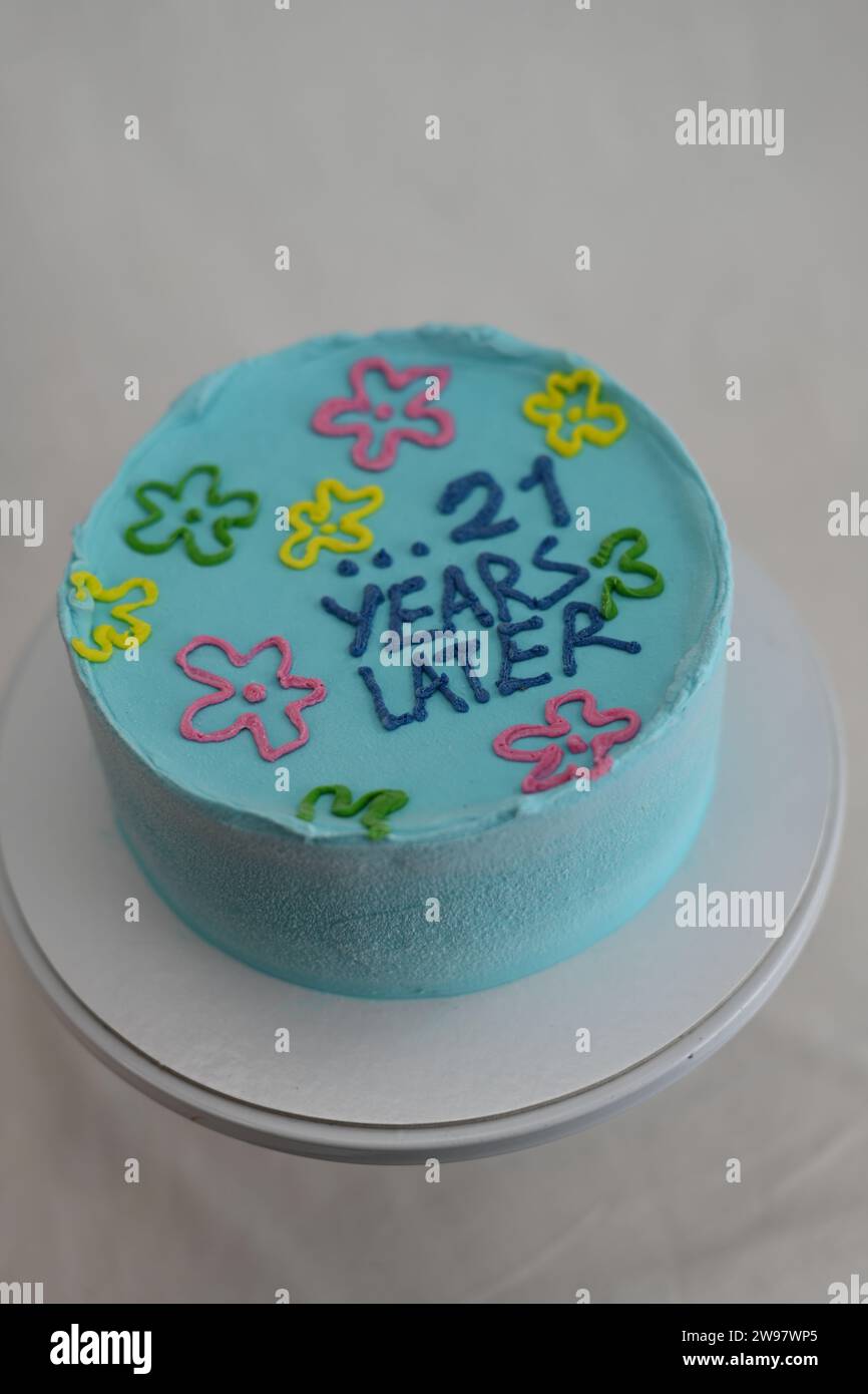 21 years old happy birthday pastel cyan turquoise frosted icing cake on ...