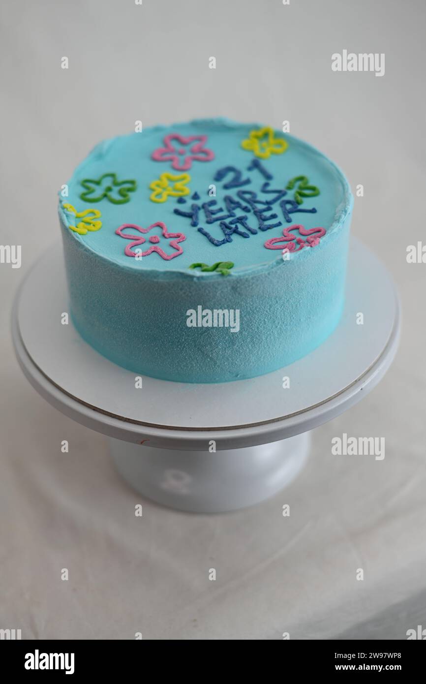 21 years old happy birthday pastel cyan turquoise frosted icing cake on ...