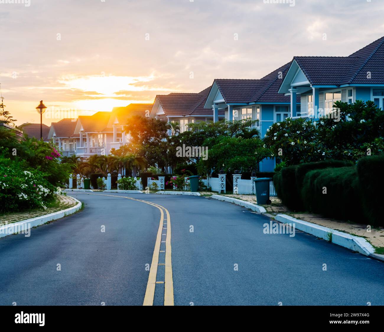 Modern cottages row road sidewalk two story buildings residential ...