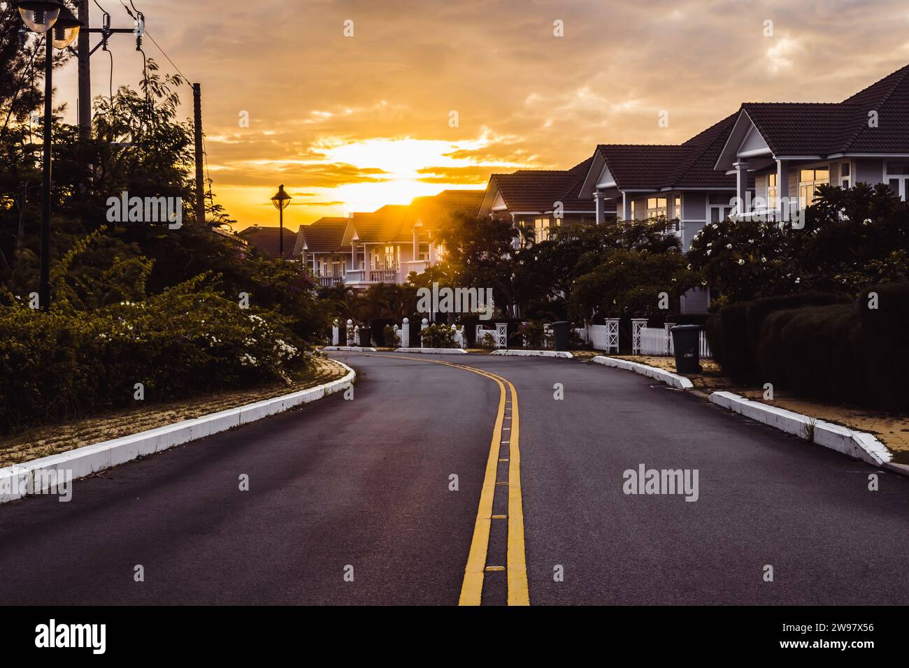Modern cottages row road sidewalk two story buildings residential ...