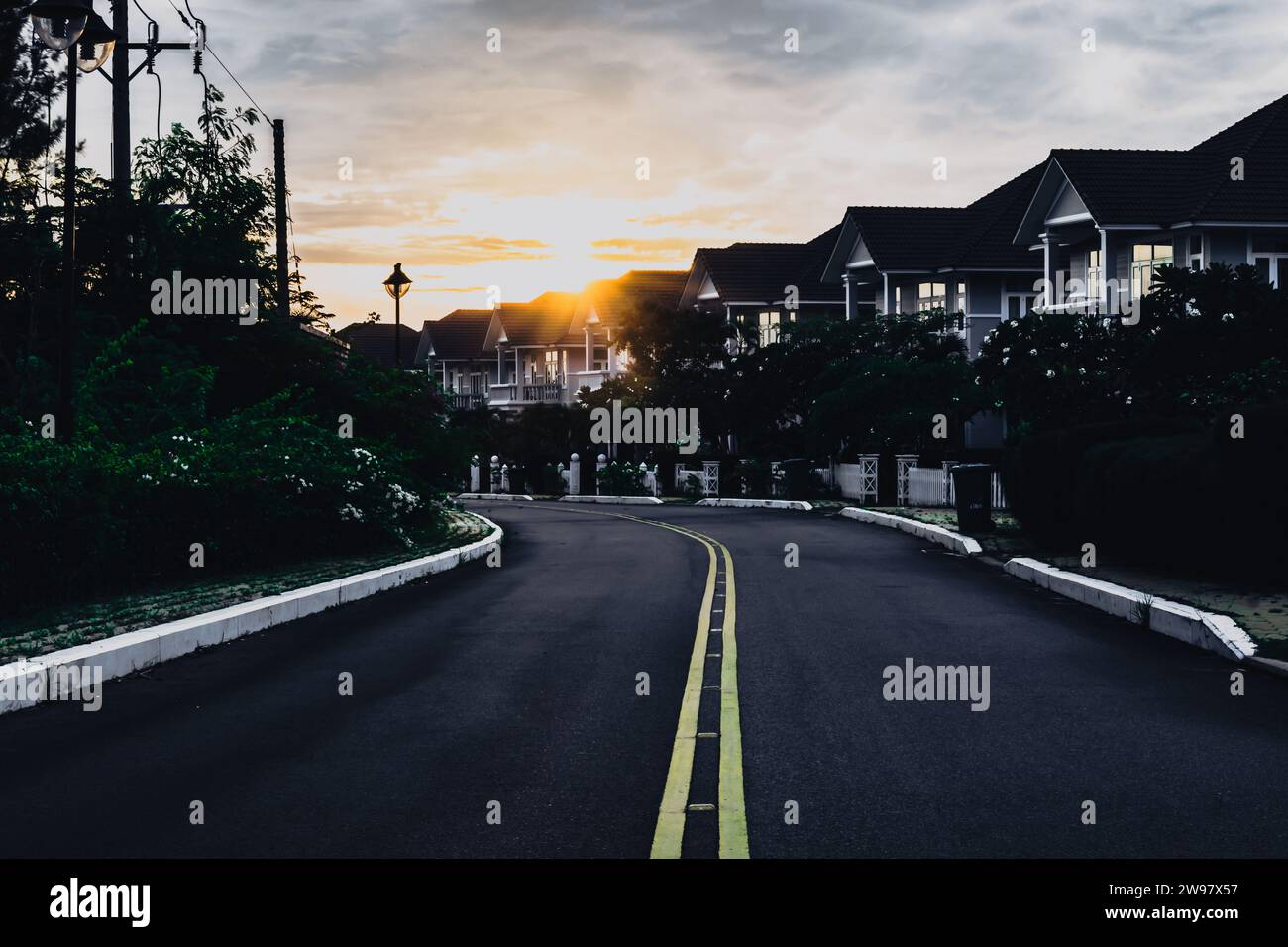 Modern cottages row road sidewalk two story buildings residential ...