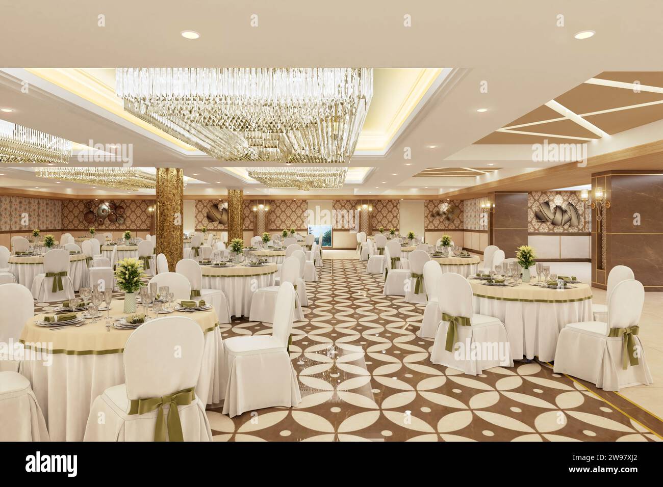 Luxurious wedding reception in a grand and glamorous indoor ballroom 3d ...