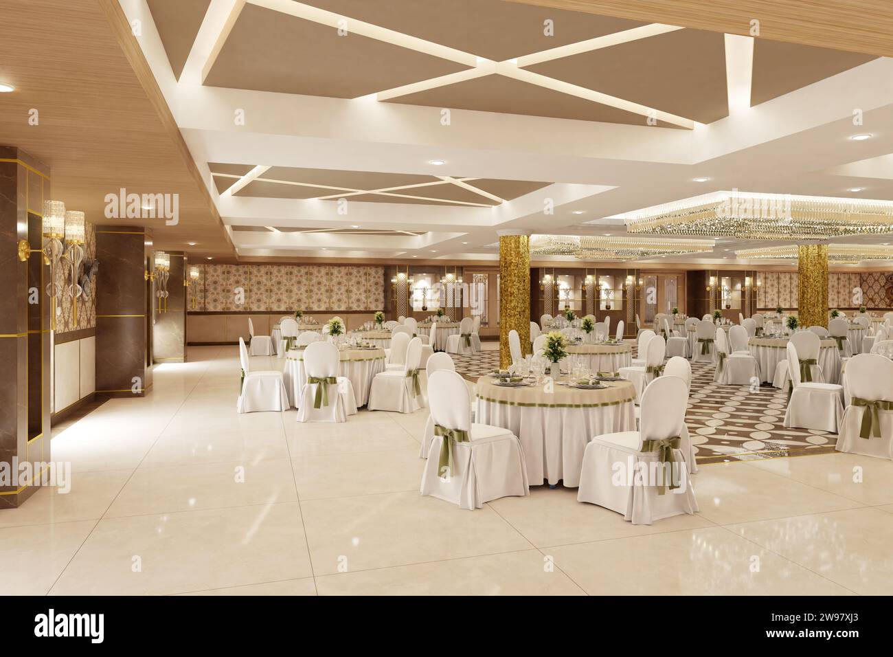 Luxurious wedding reception in a grand and glamorous indoor ballroom 3d ...