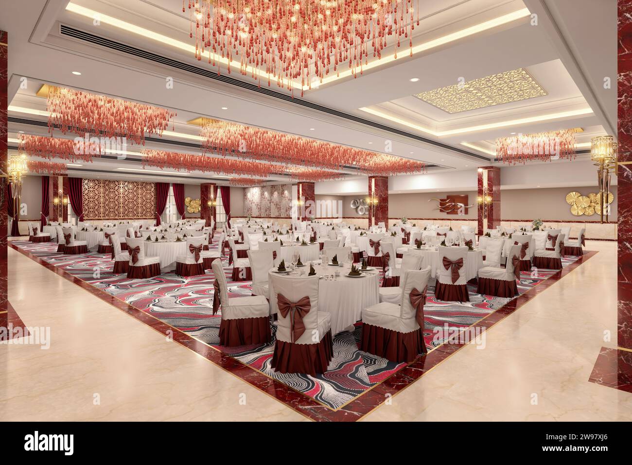 Luxurious wedding reception in a grand and glamorous indoor ballroom 3d ...