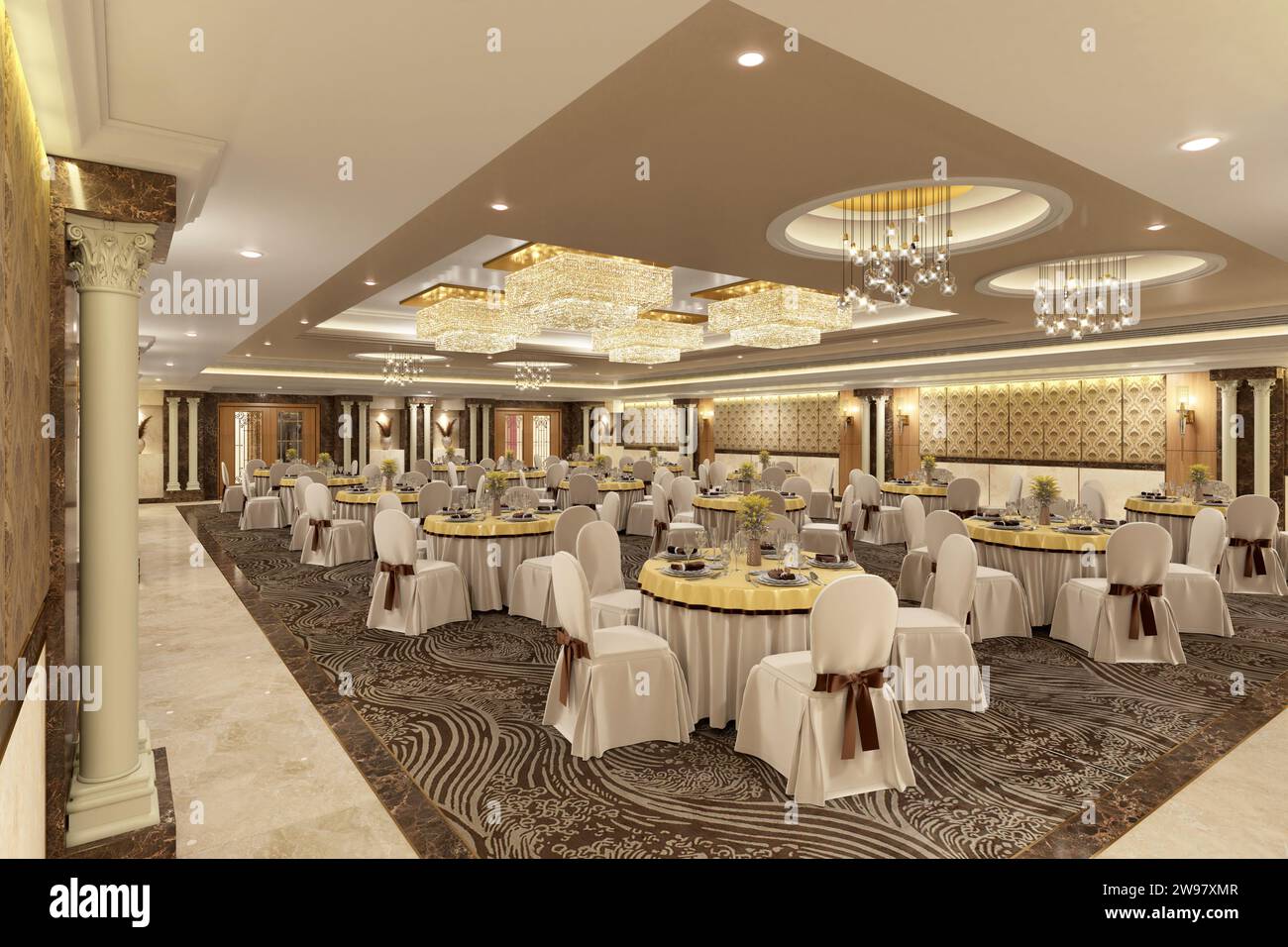 Luxurious wedding reception in a grand and glamorous indoor ballroom 3d ...