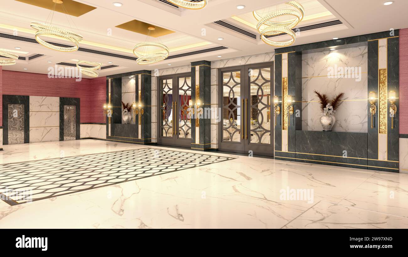 Luxurious wedding reception in a grand and glamorous indoor ballroom 3d ...