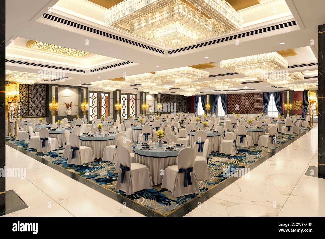 Luxurious wedding reception in a grand and glamorous indoor ballroom 3d ...
