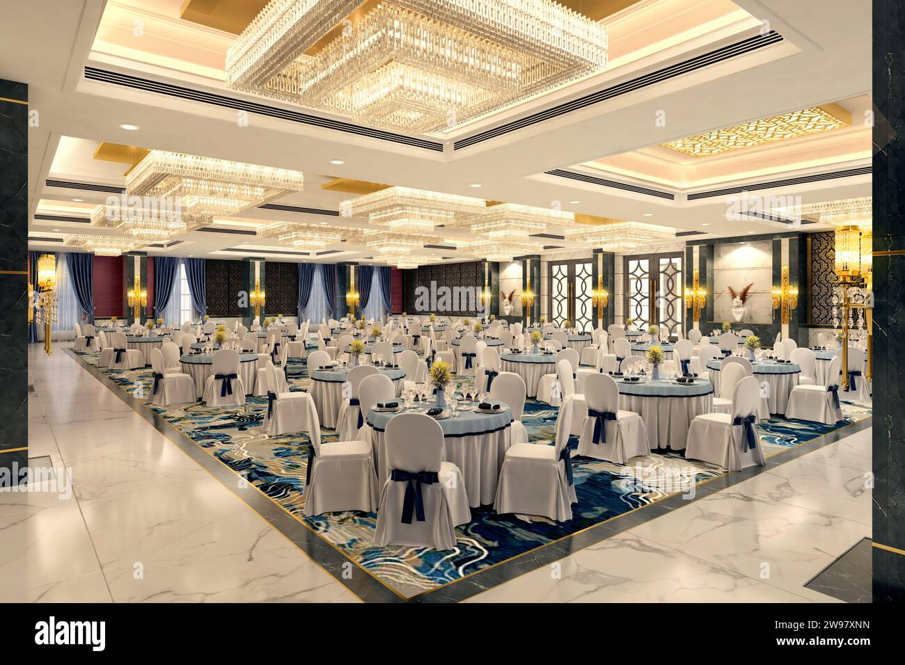 Luxurious wedding reception in a grand and glamorous indoor ballroom 3d ...
