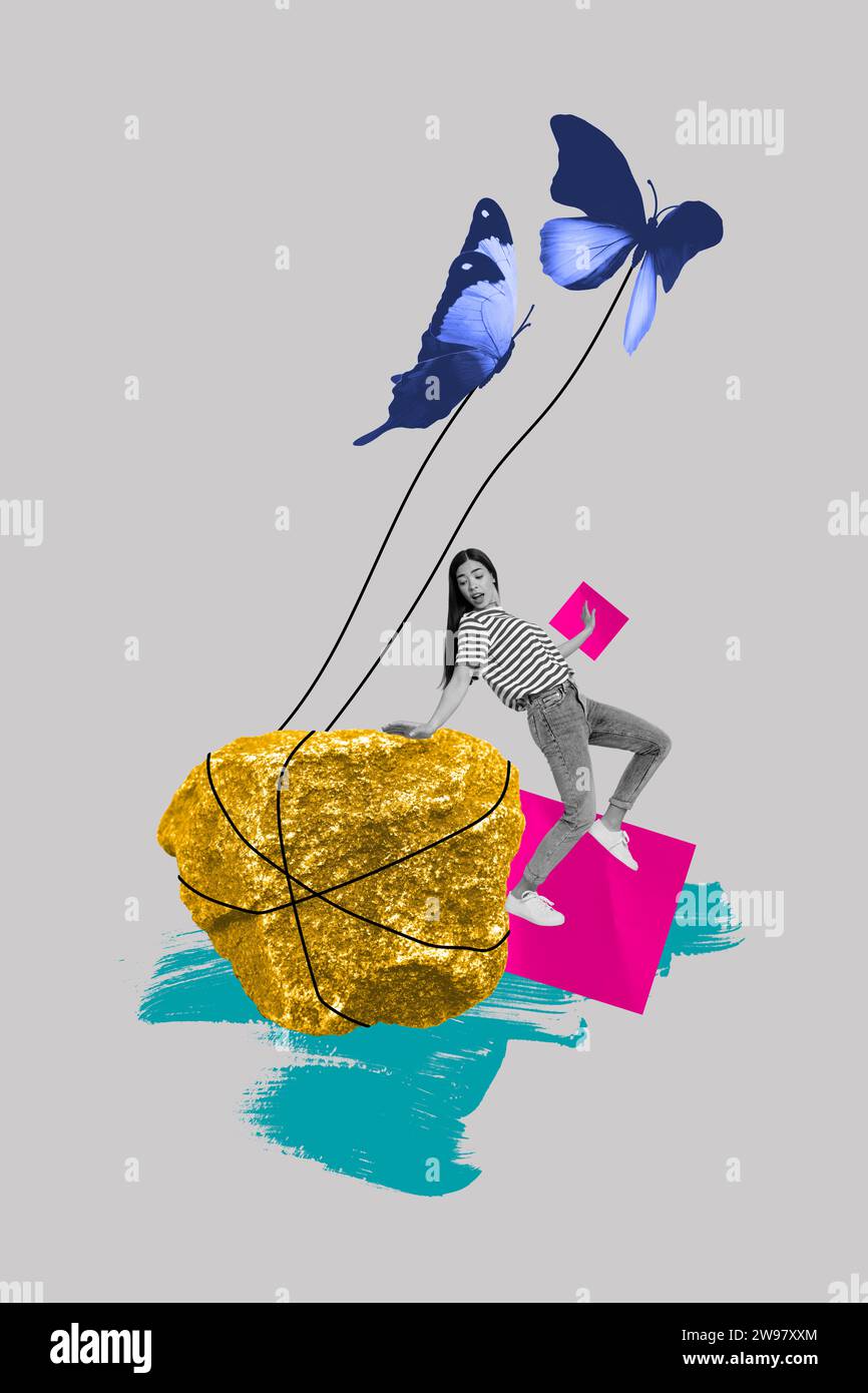 Composite collage image of funny female butterflies flying pulling rock ...