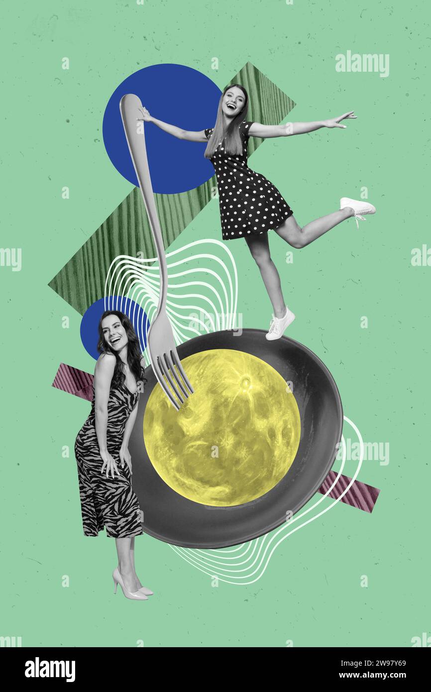 Creative poster collage of funny two girls dancing have fun fork eating ...