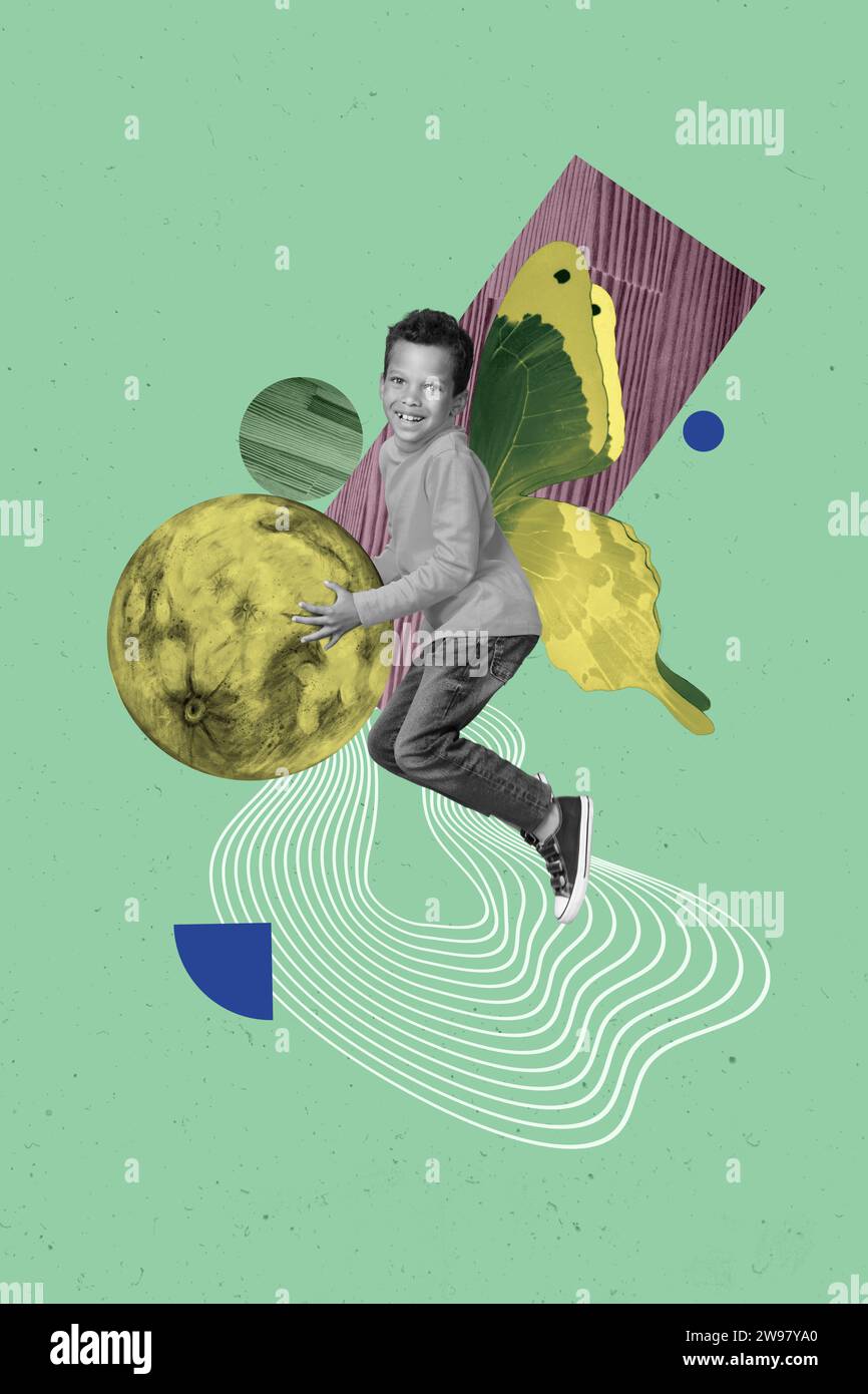 Collage 3d image of pinup pop retro sketch of funny little boy fly ...