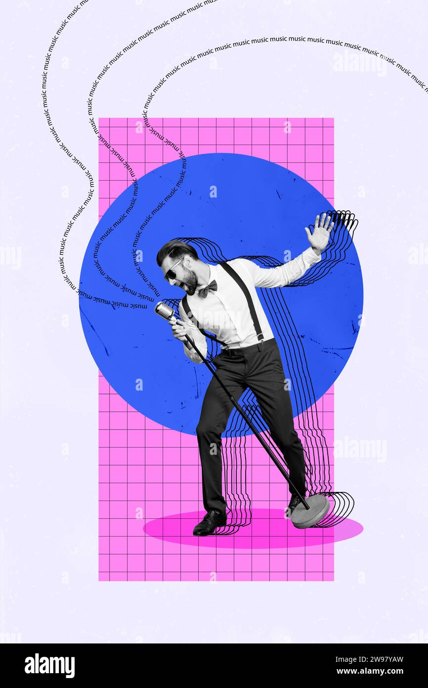 Vertical creative graphics collage image of cool carefree guy singing ...