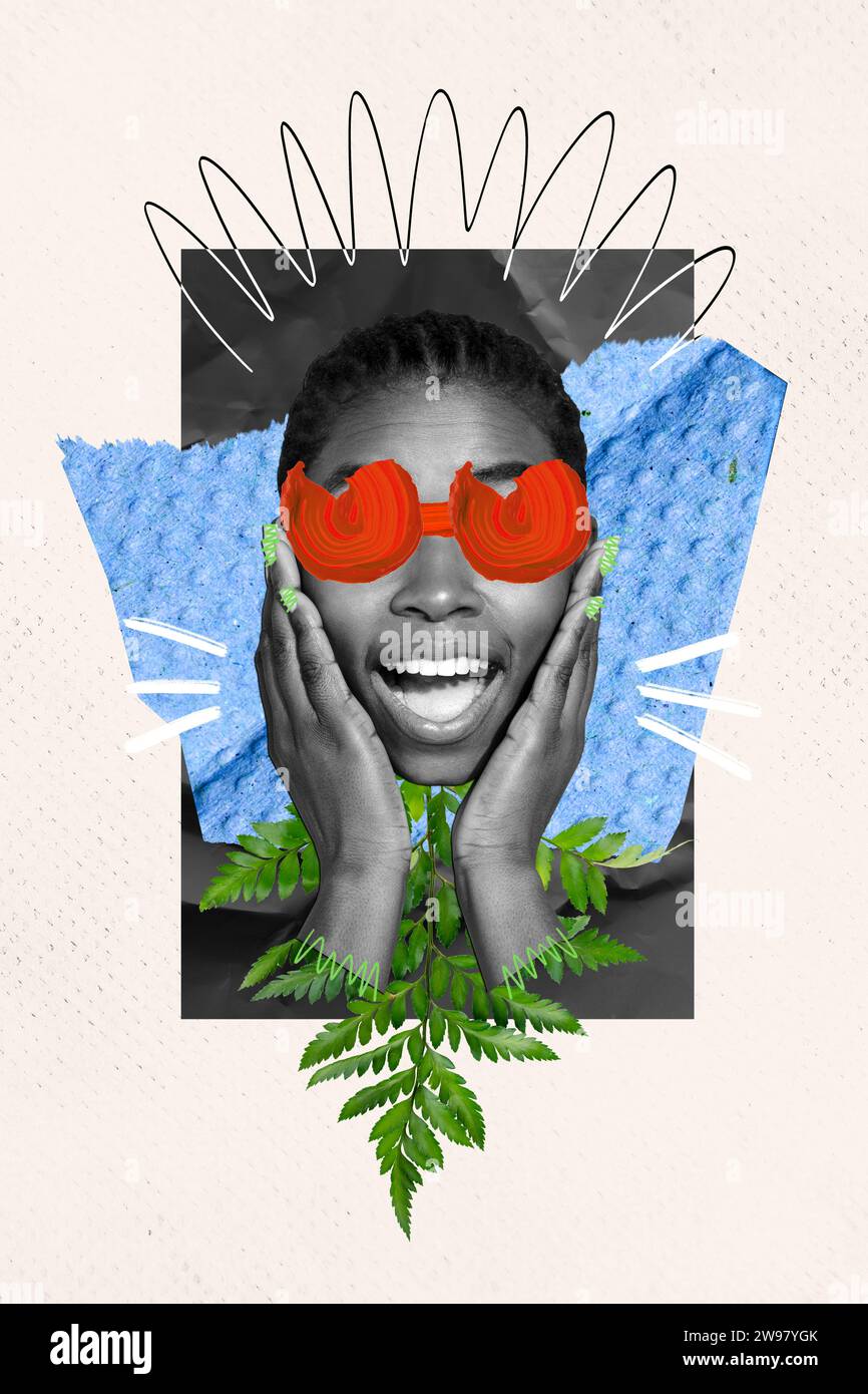 Vertical portrait creative collage funny girl face touching cheeks ...