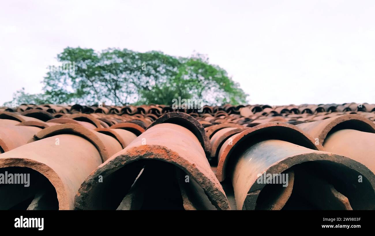 Aerial view of a traditional red clay roof in a rural setting, with ...