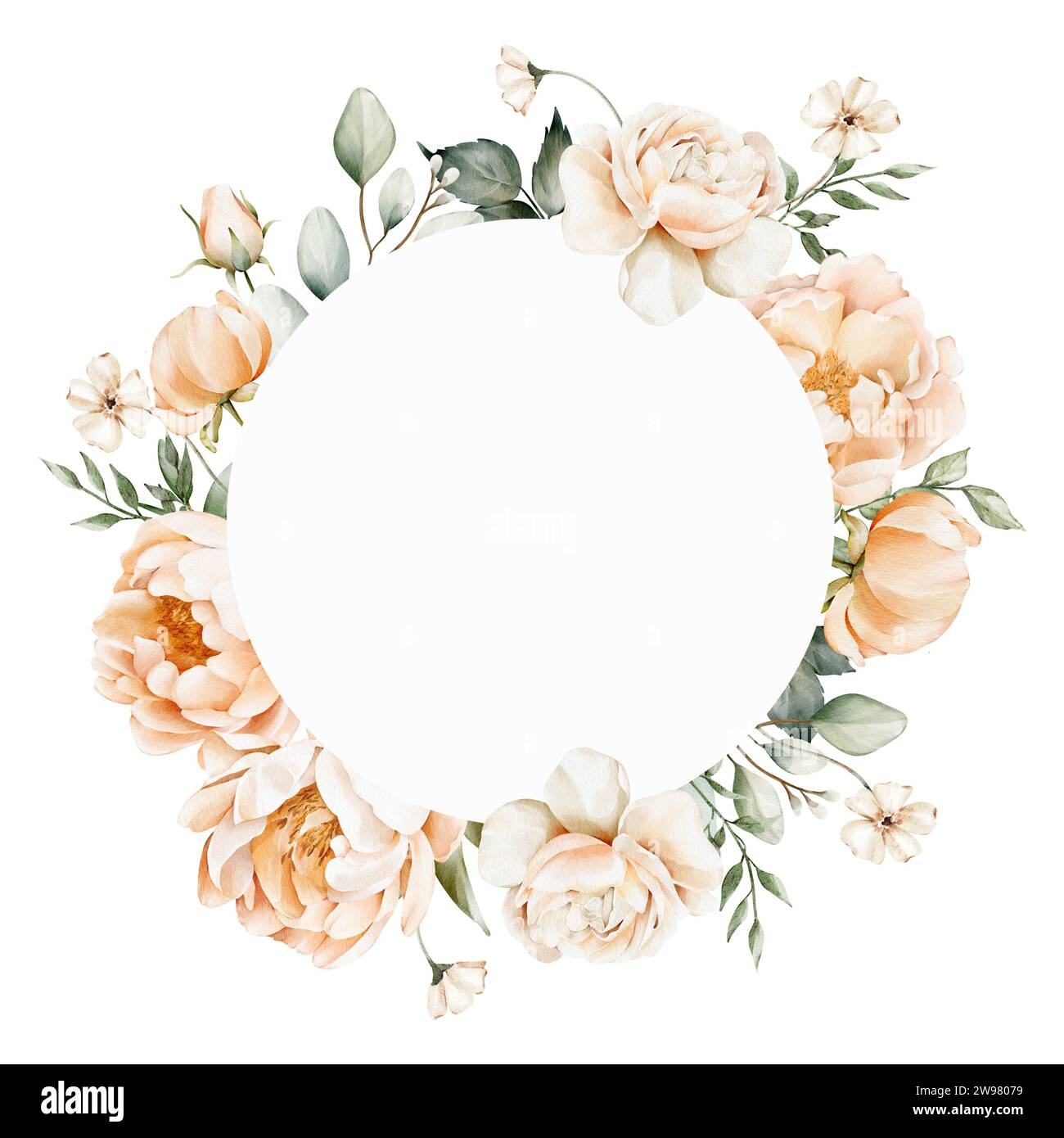 Watercolor circle floral frame with gentle peach color peonies and ...