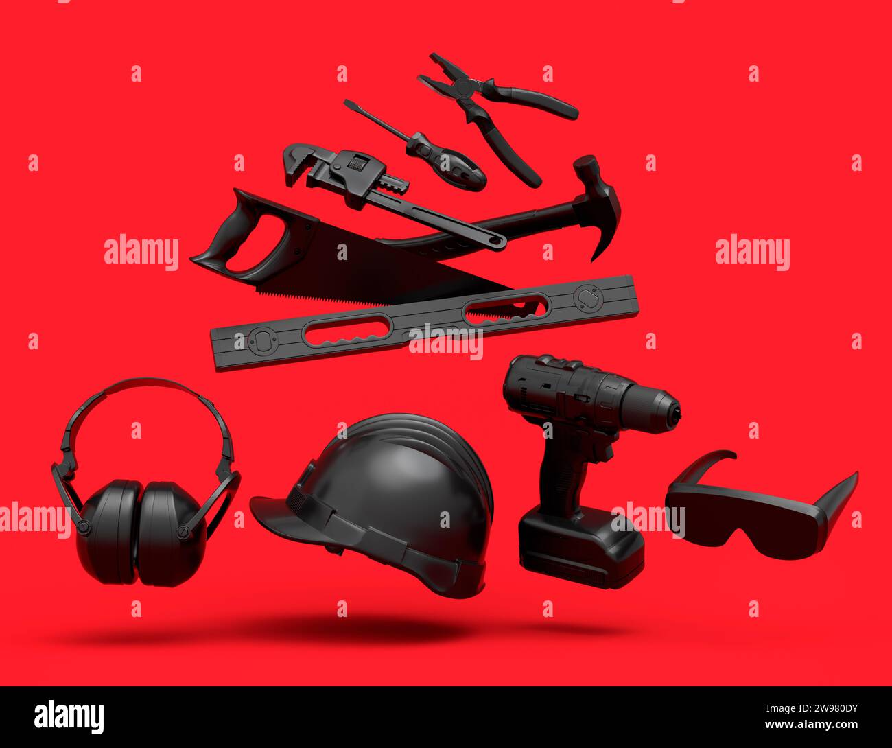 Flying view of monochrome construction tools for repair and ...