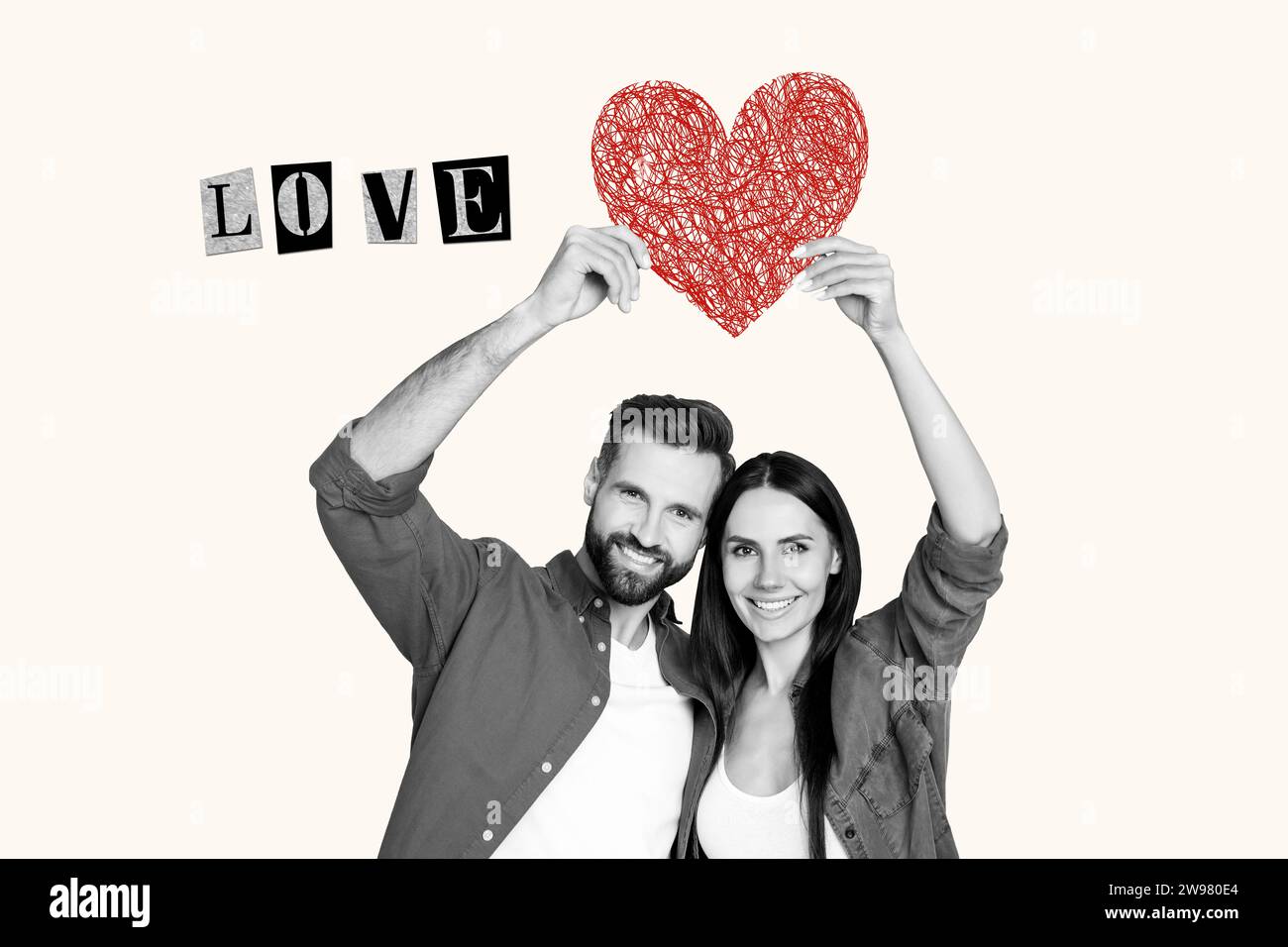 Horizontal photo collage of young sweet couple lovers hugging hands ...