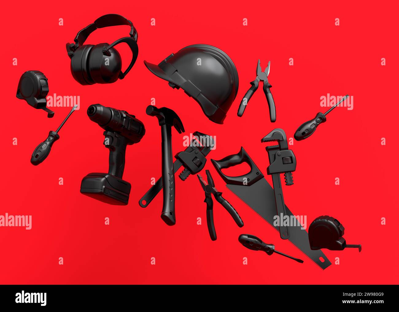 Flying view of monochrome construction tools for repair and ...