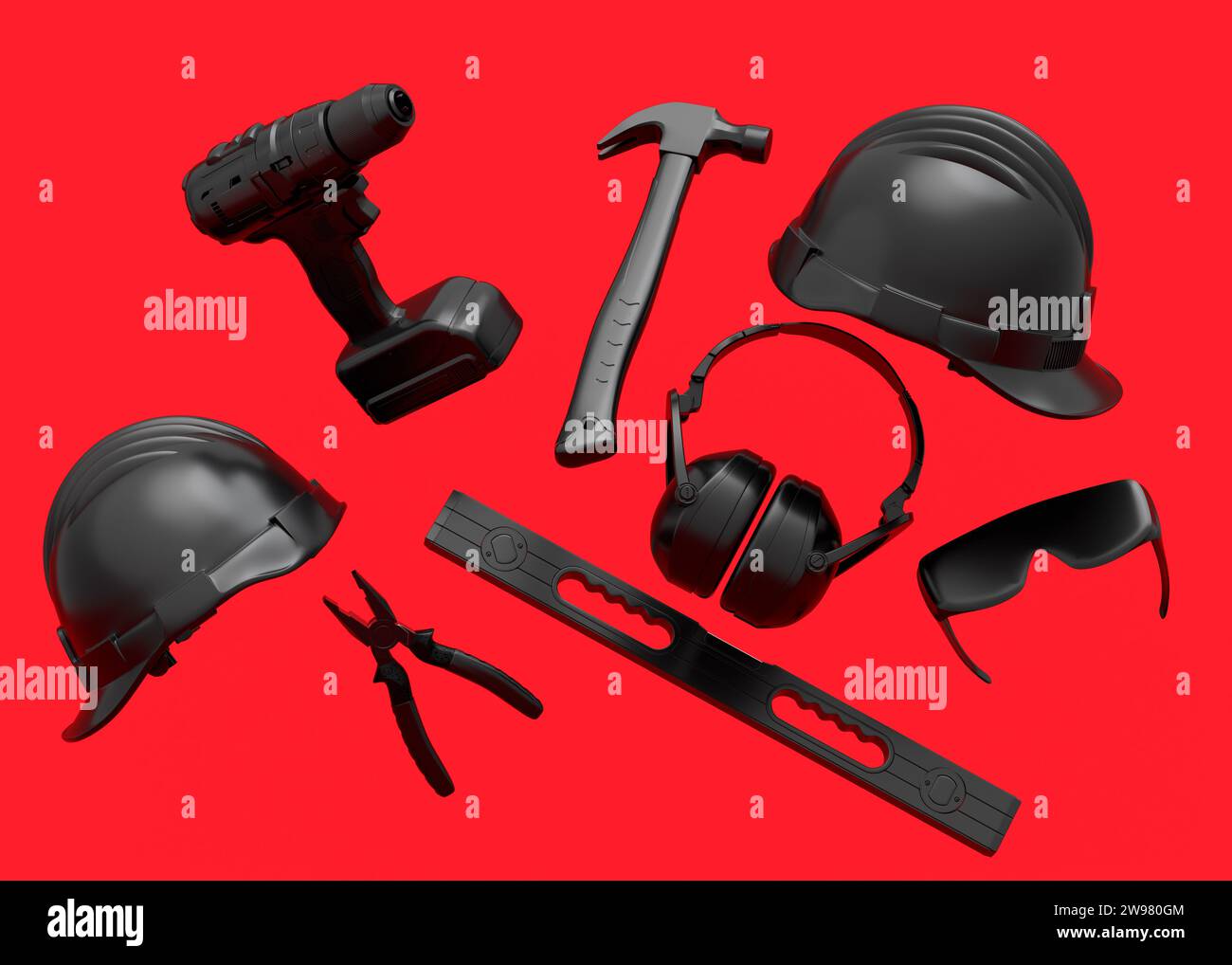 Flying view of monochrome construction tools for repair and ...