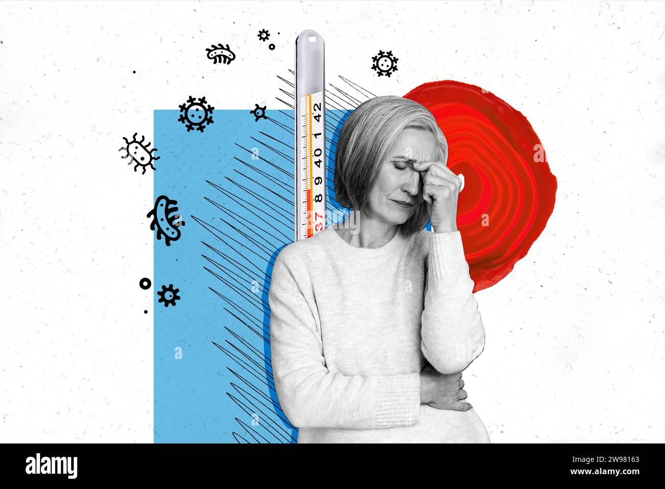 Photo illustration picture mature unhappy lady feel sick cold high ...