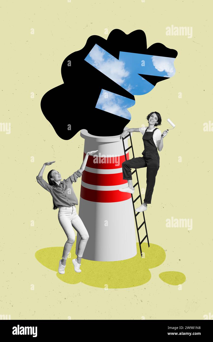 Creative 3d magazine collage picture of young girls brushing factory ...