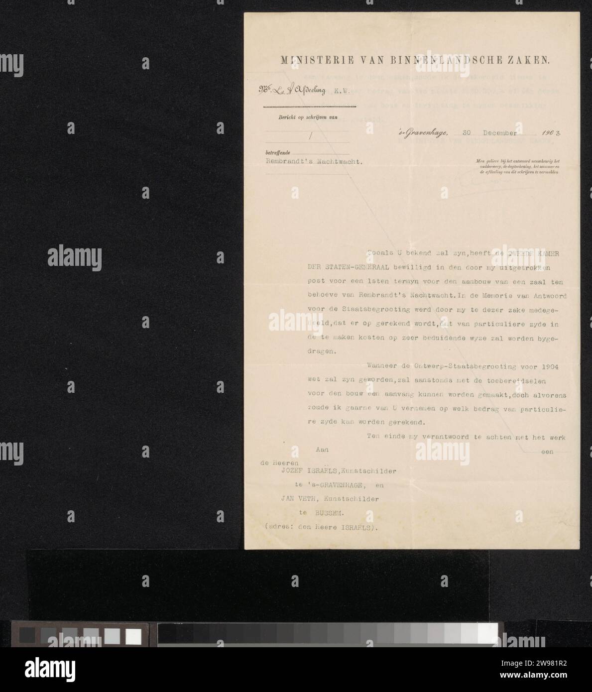Letter to Joseph Israëls and Jan Veth, Ministry of the Interior, 1903 ...