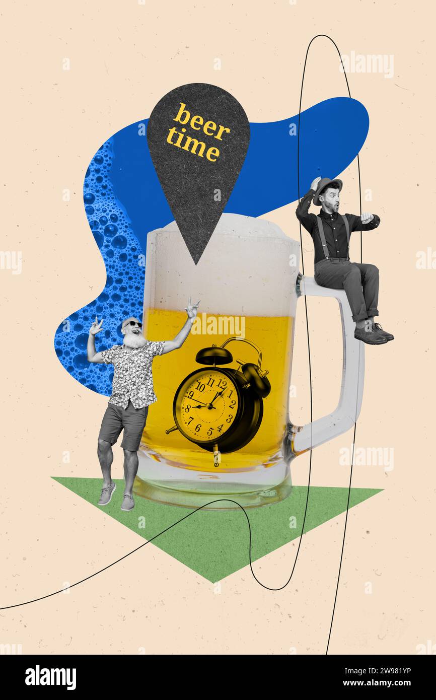 Party beer time collage banner of young guy waiting his pint cold beer ...