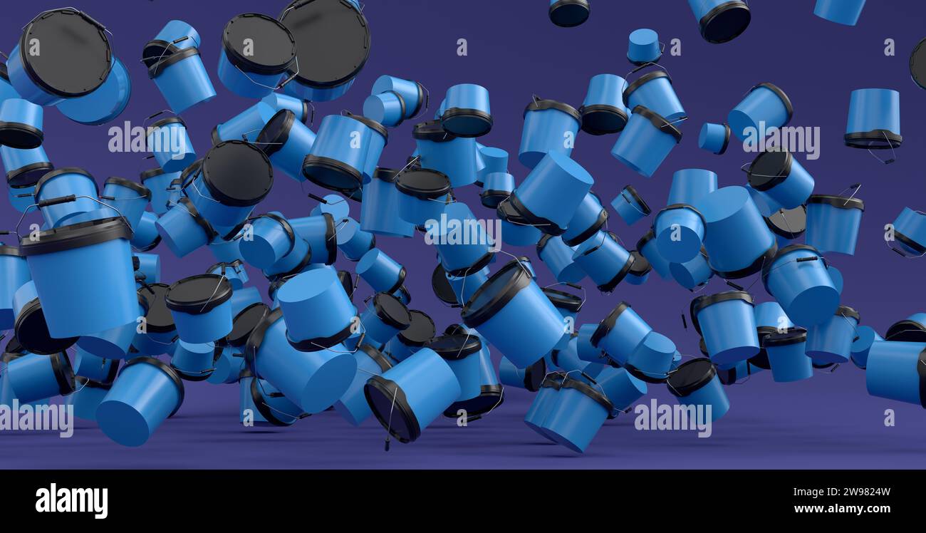 Many of flying plastic cans or buckets on violet background. 3d render ...