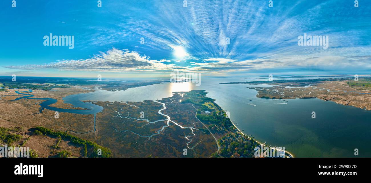 An aerial view of Princess Anne, Maryland with marshlands and waterways ...