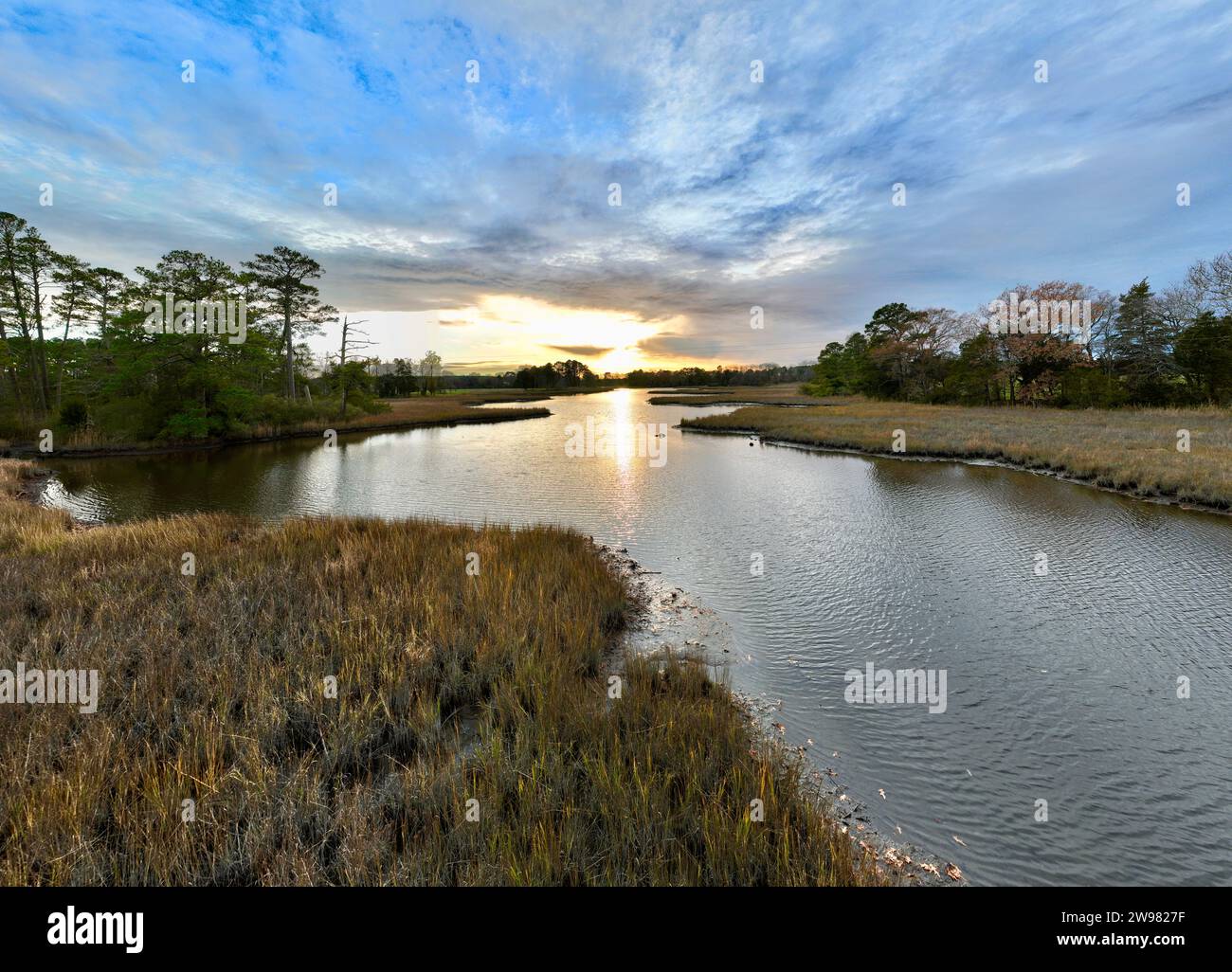 A picturesque landscape of Mount Vernon, Maryland waterways illuminated ...