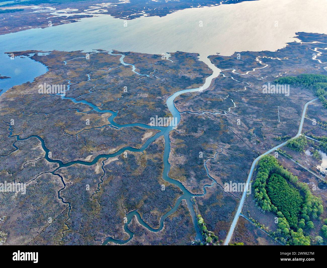 An aerial view of Princess Anne, Maryland with marshlands and waterways ...