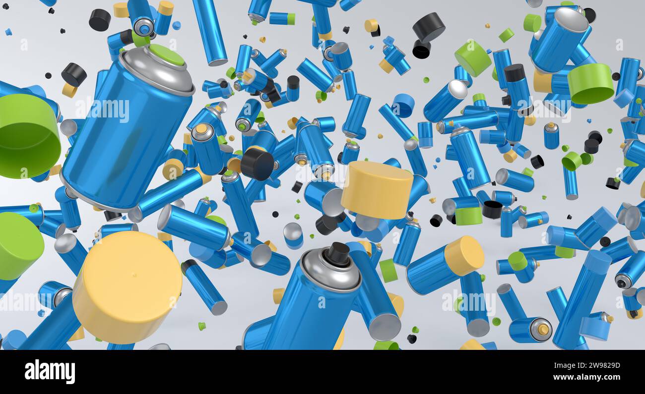 Lots of flying spray paint cans on white background. 3d render spray ...