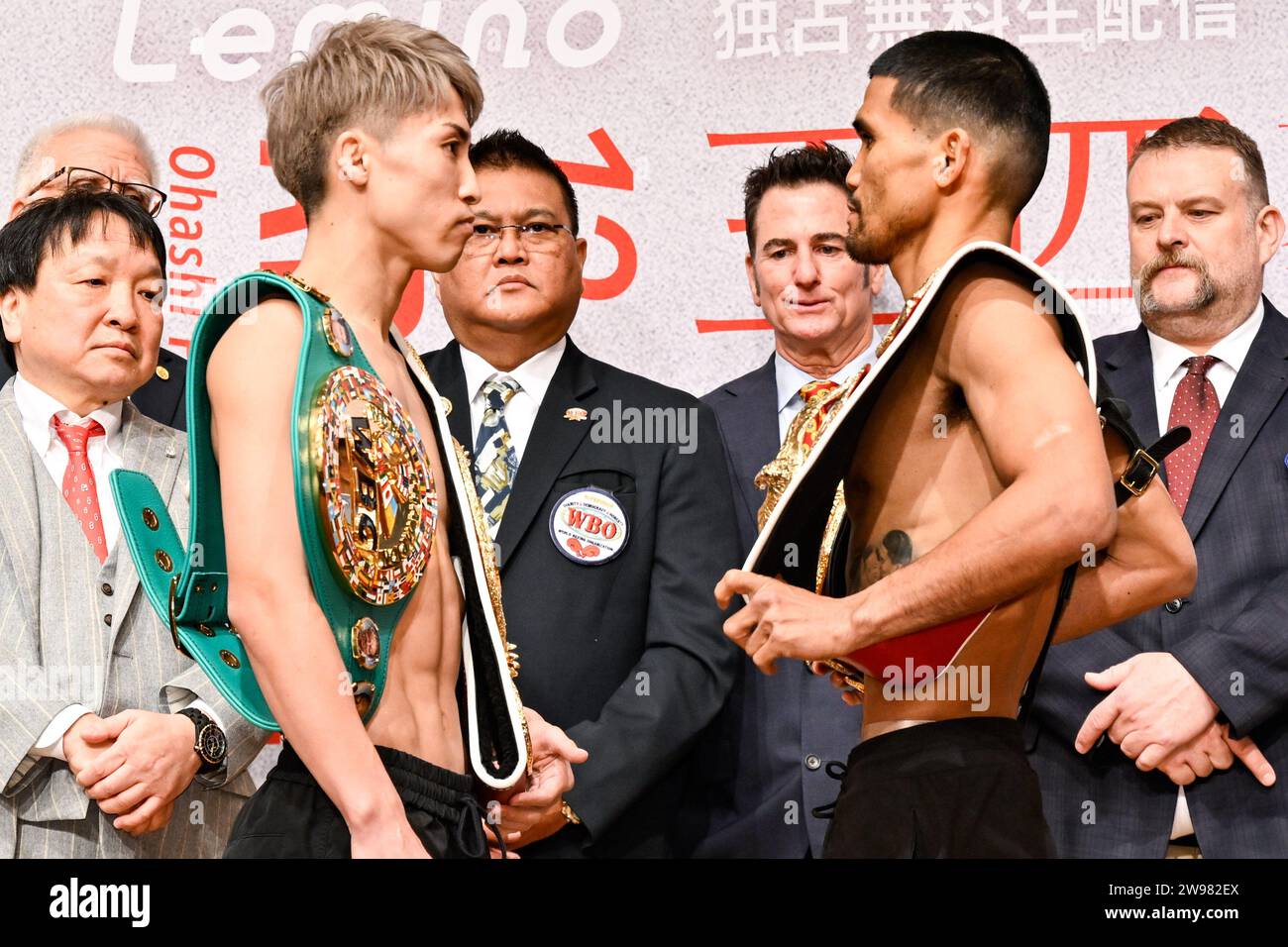 Naoya Inoue of Japan and Marlon Tapales of the Philippines attend the official weigh-in for the ...