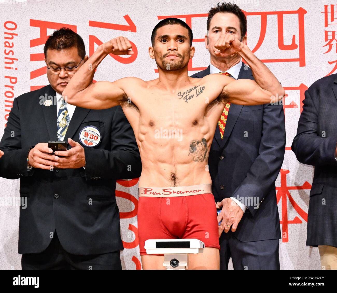 Marlon Tapales of the Philippines attends the official weigh-in for the WBA, WBC, WBO and IBF ...